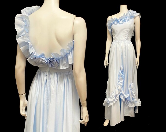 Vintage 80s Romantic Blue One Shoulder Prom Bridesmaid Dress Ruffles ...