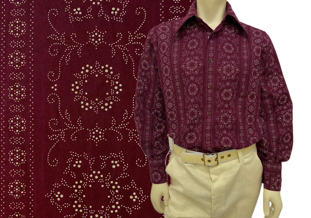 Vintage 70s S/M Mens Mod Dress Shirt Cambridge Ltd Burgundy White Print ...