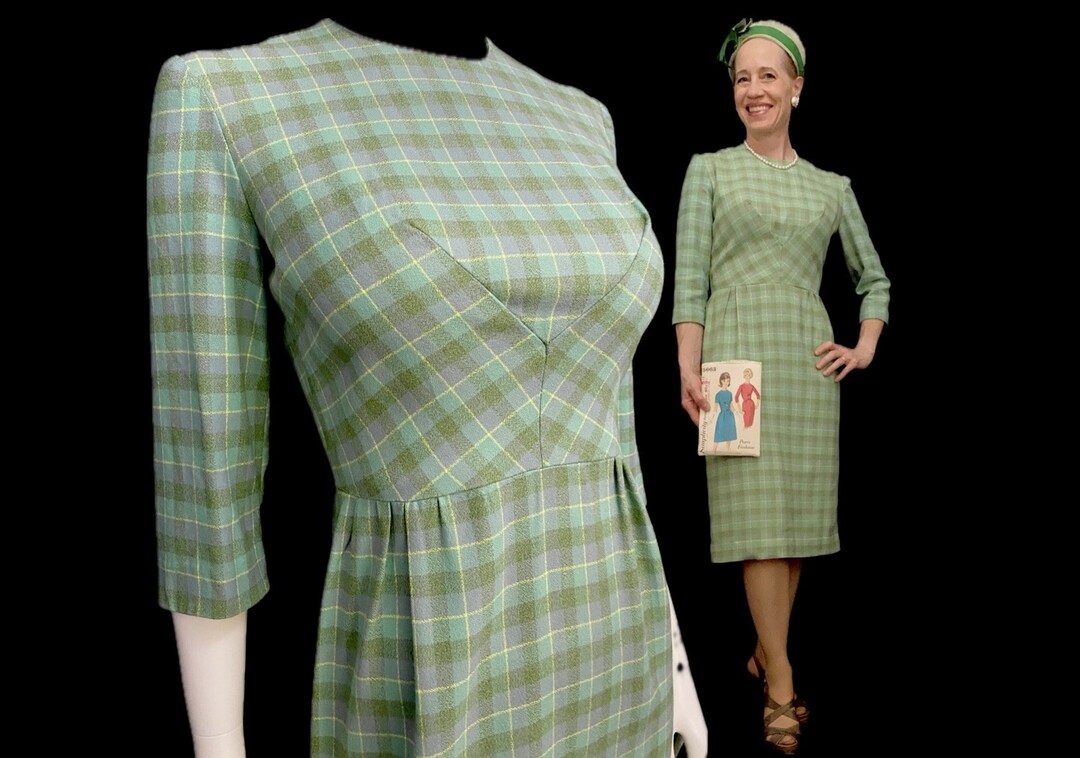 Vintage 60s S Dress Sheath Green Plaid Home Sewn + Simplicity 5663 ...