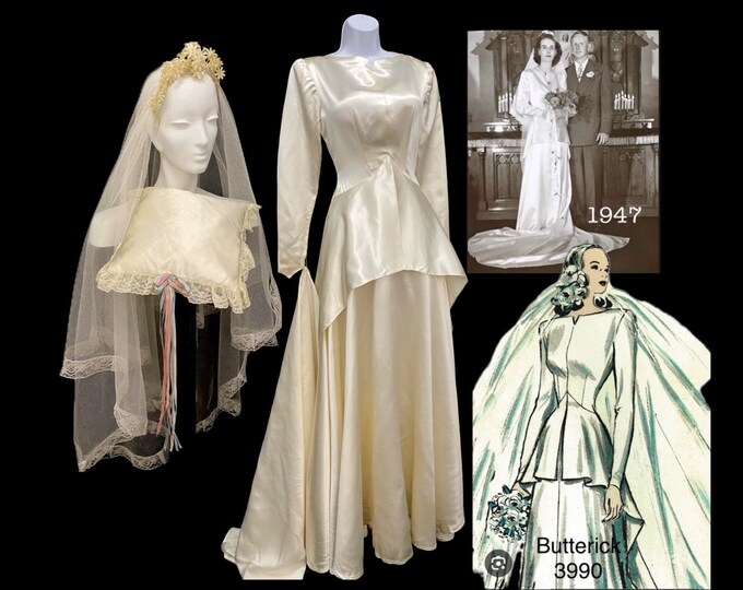 Vintage 40s XS Wedding Gown Ivory Satin Modest With Veil + Ring Bearer ...