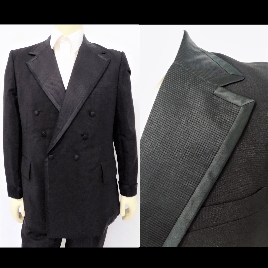 Vintage 70s Retro Prom Black Double Breasted Tux Tuxedo Jacket 42R Wide ...