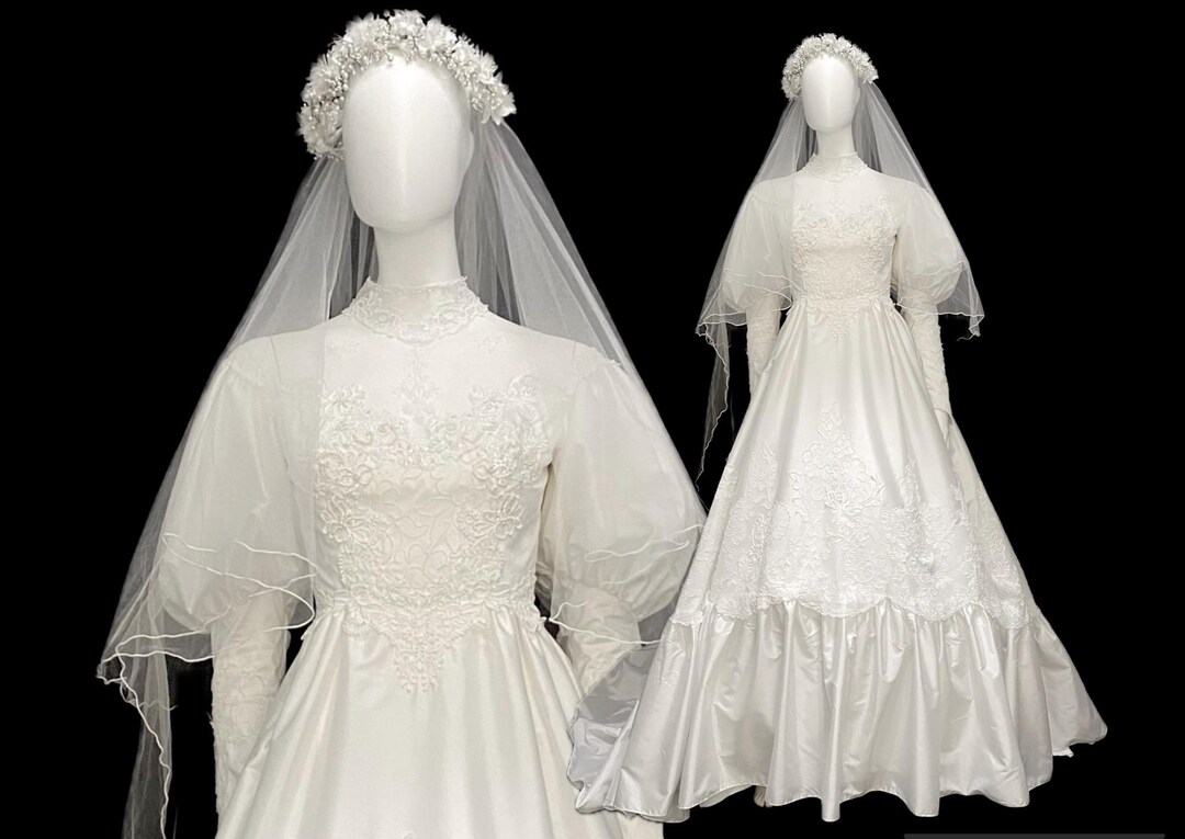 Vintage 80s XS/S Wedding Dress Alfred Angelo With Veil Victorian ...
