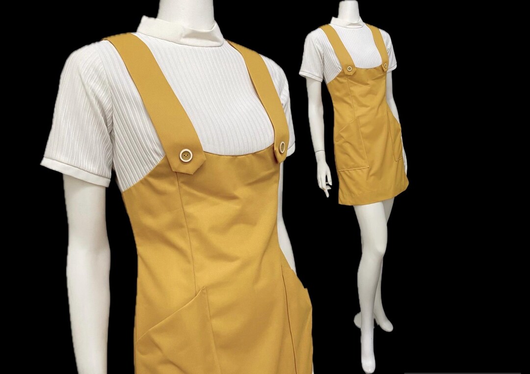 Vintage 60s 70s XS/S Waitress Uniform Dress Rol-jean Mod Mini Pockets ...