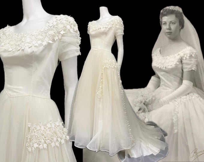 Vintage 50s S Wedding Dress Gown AS IS Ivory Organza Lace Over Satin ...