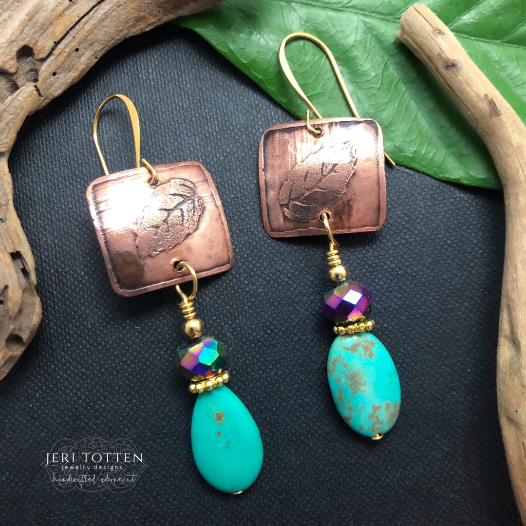 Etched Copper Leaves, Turquoise Magnesite Dangle Earrings, Handcrafted ...