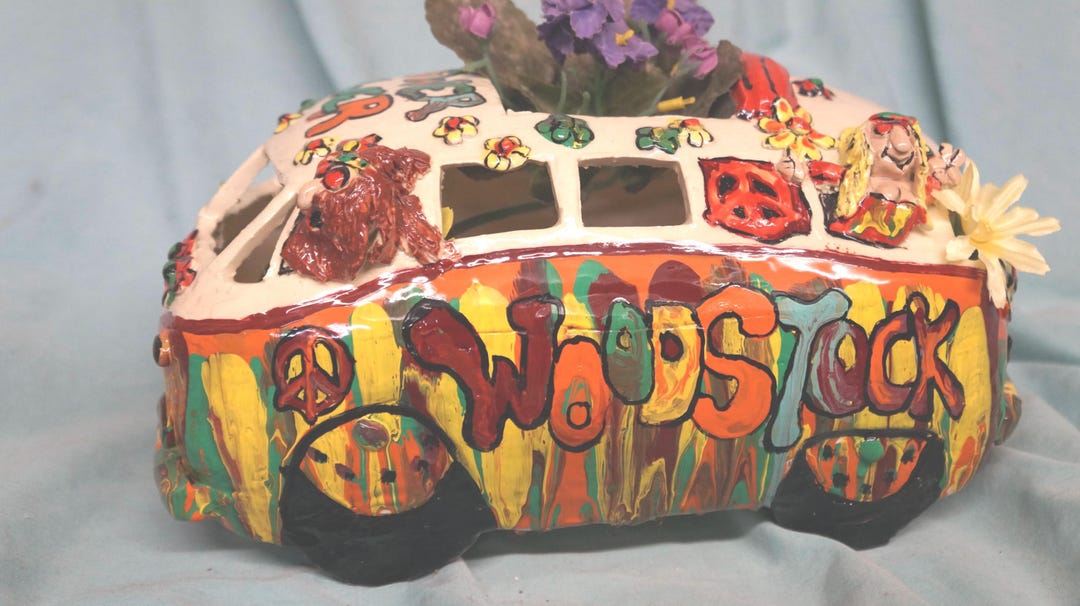 Flower POT, Hippie VW Bus, Automotive Art ,woodstock, Clay Sculpture ...