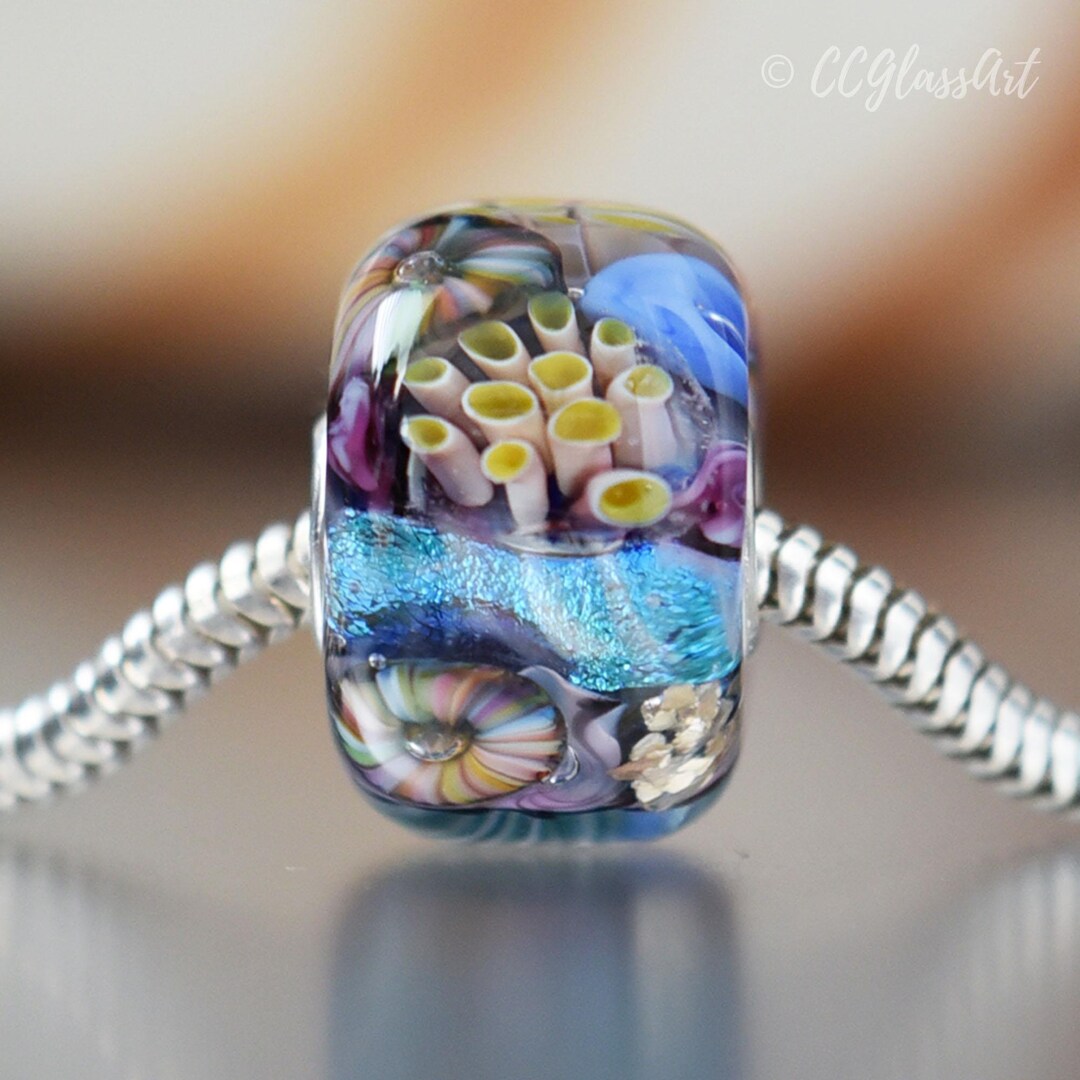 Glass Art Big Hole Murrini Bead - Handmade Jewelry - Silver Core - Pink ...