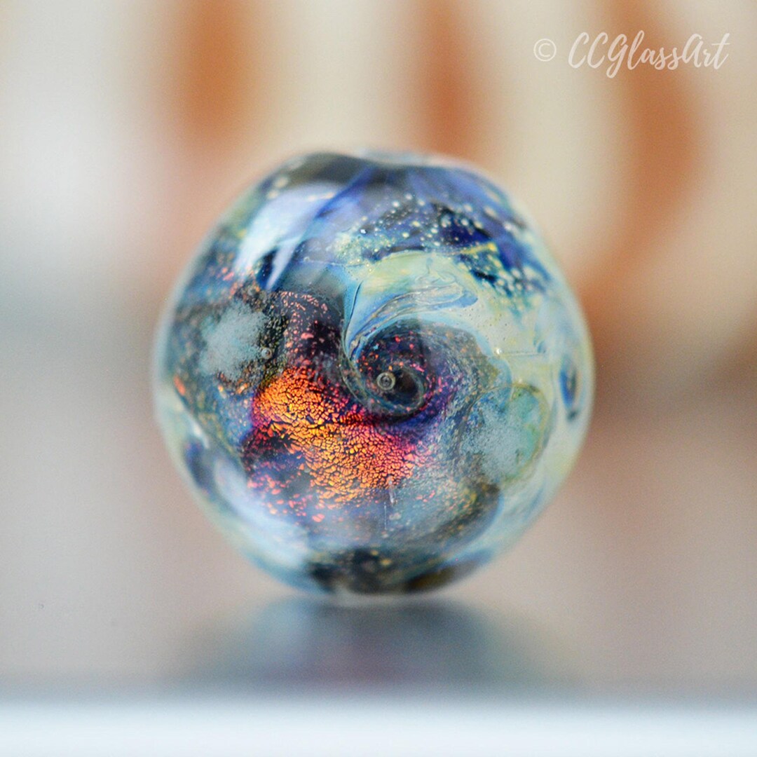 SILVER GLASS & DICHROIC Round Glass Focal Bead Glow-in-the-dark Star ...