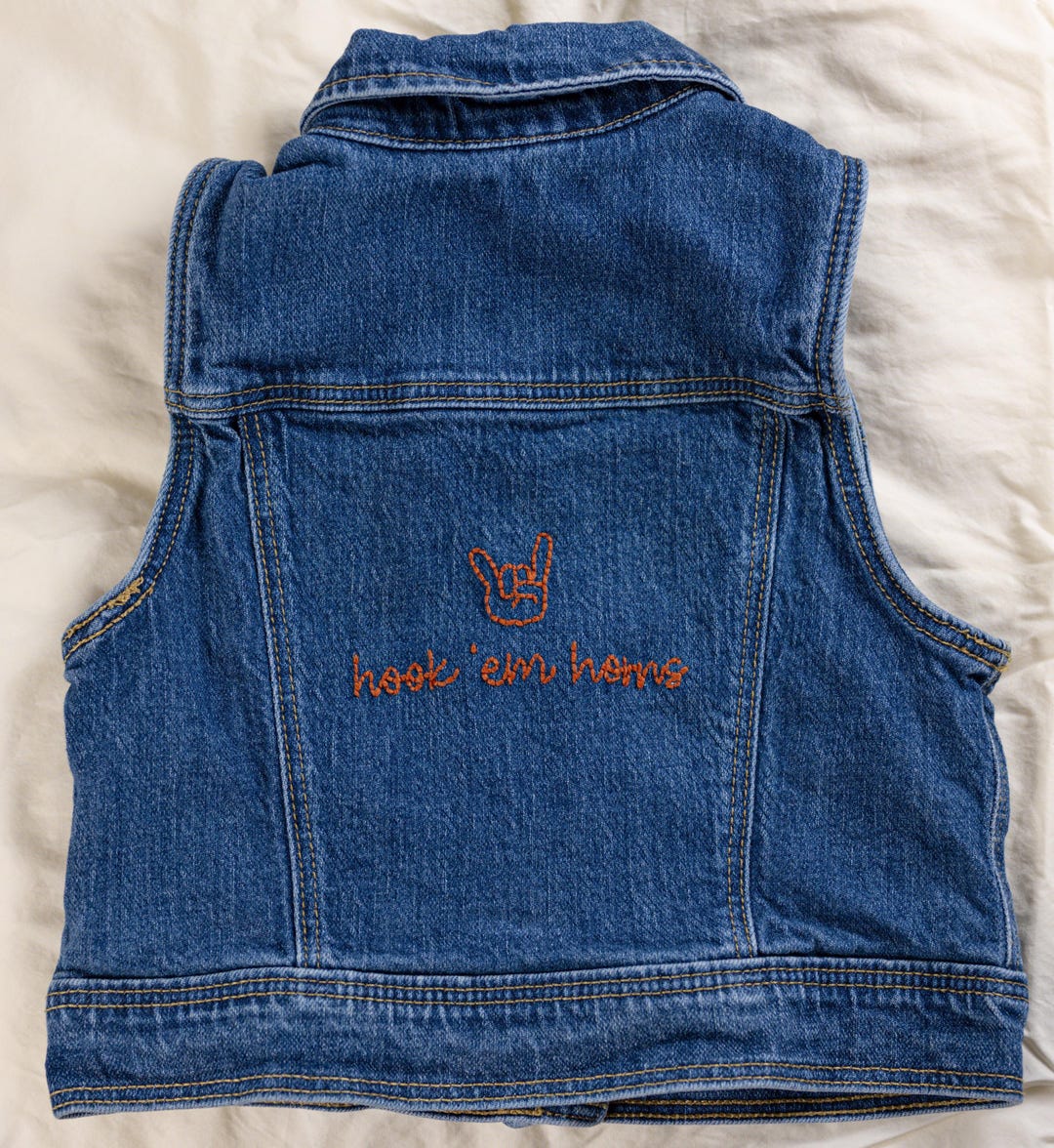 Texas Longhorns Denim Vest With Burnt Orange Hook 'em Horns and Hook Em ...