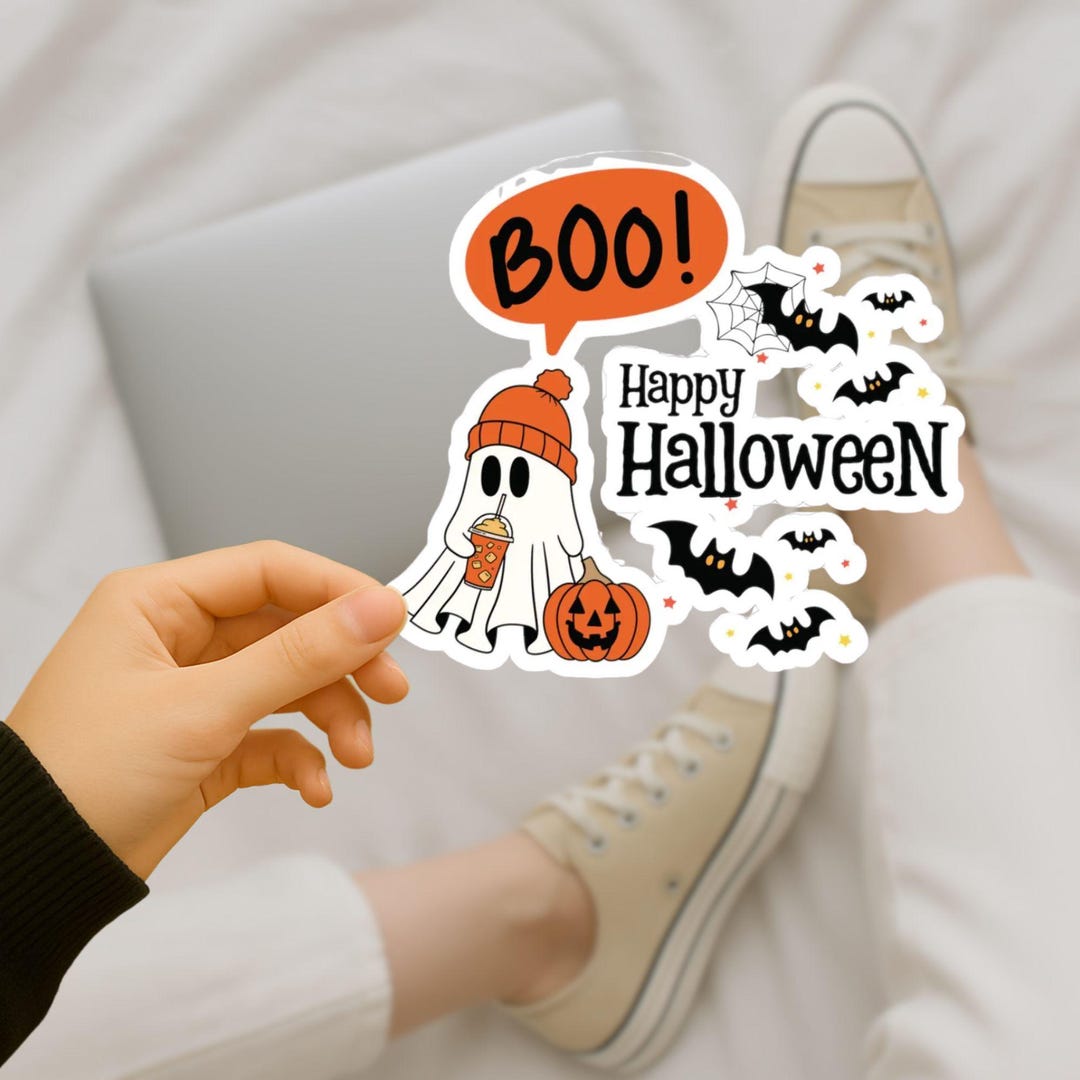 Cute Halloween Ghost Boo Sticker | Ghost With Boba, Pumpkin & Beanie ...