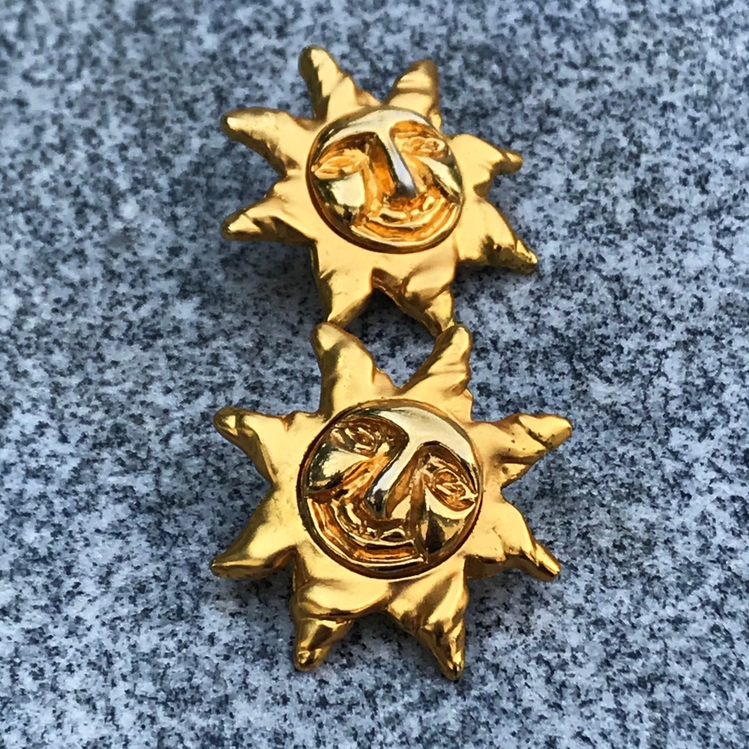 Vintage Gold Tone Sun Face Jester Converted To Pierced Clip On Earrings ...