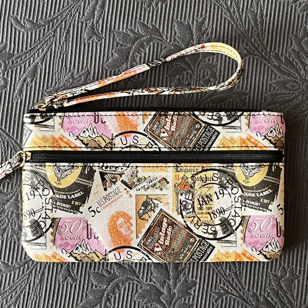K & K Postage Collage Stamp Pattern Wristlet Clutch Wallet Free ...