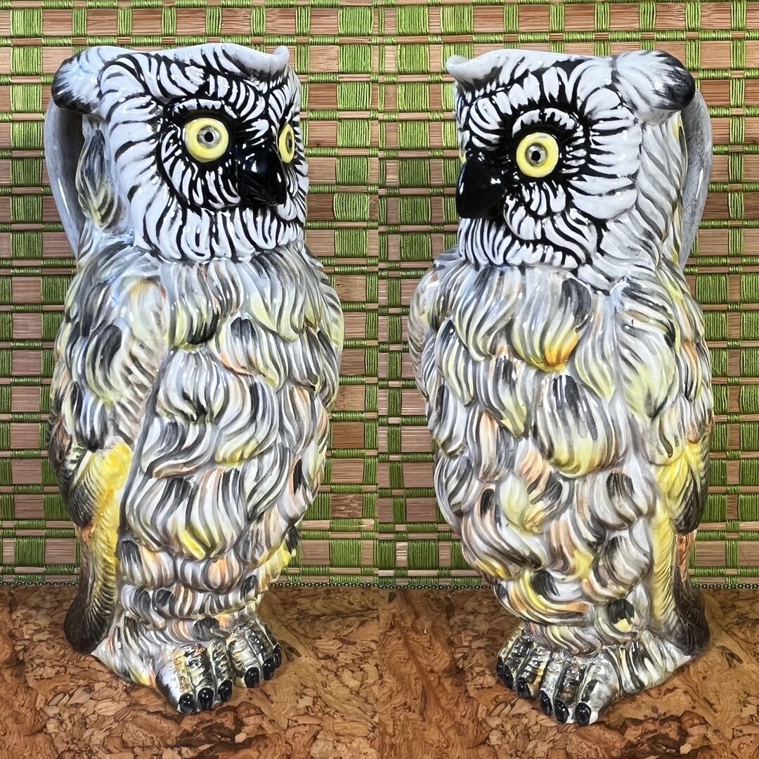 Rare Vintage Hand Painted MCM Owl Multicolor Ceramic Pitcher Vase Free ...