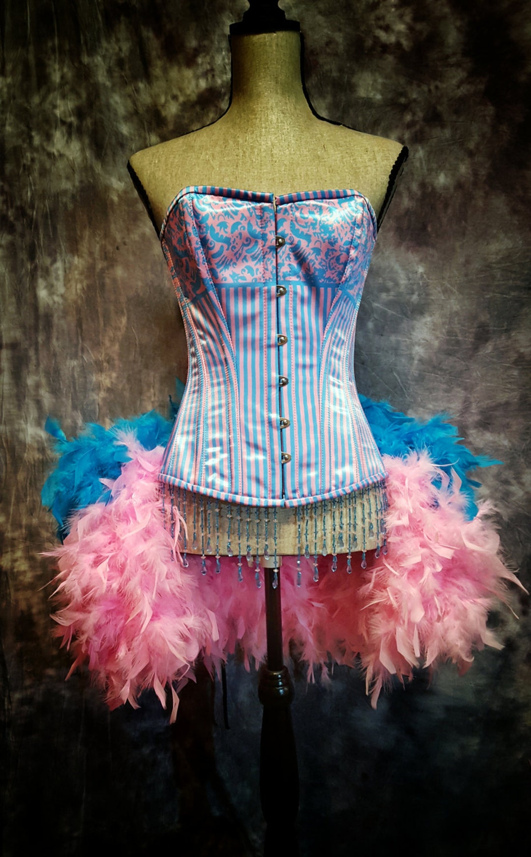 BUBBLE GUM Striped Corset Circus Burlesque Costume Pink Blue Feather ...