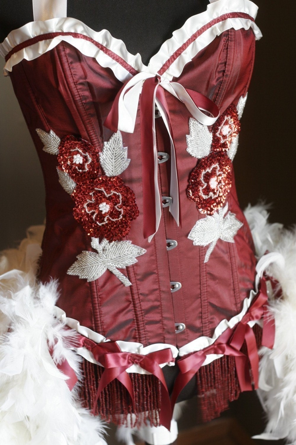 ROSE RED White Burlesque Corset Costume With Feather Train and Hair ...
