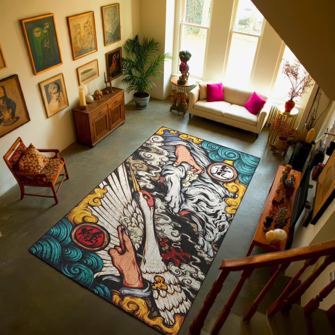 Japanese Tiger and Crane Rug: Ukiyo-e Art Non-slip Floor Mat - Etsy