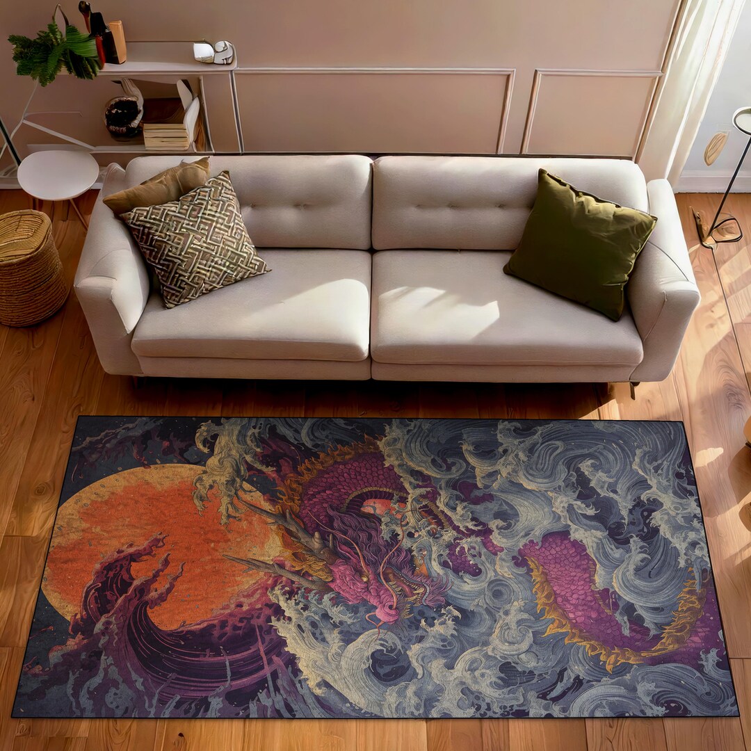 Japanese Dragon Rug - Ukiyo-e Fantasy Ocean Carpet - Mythical Samurai ...