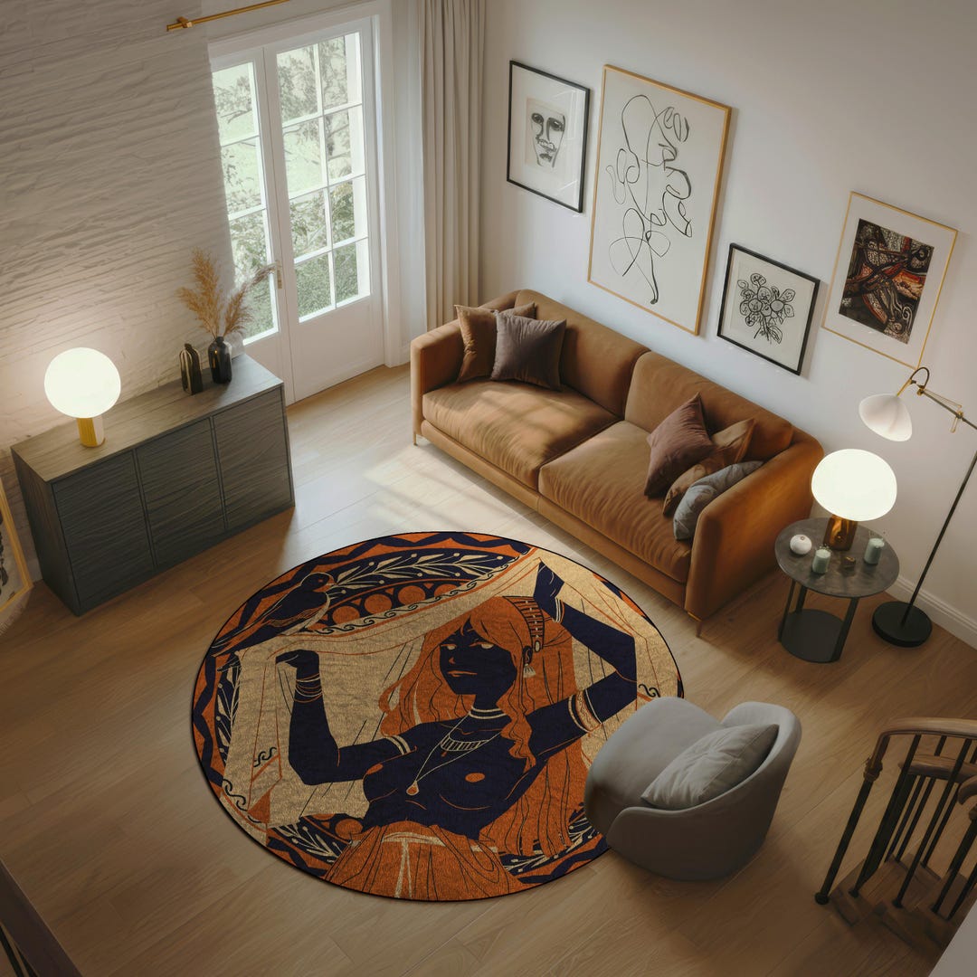 Aphrodite Round Rug: Greek Goddess, Terracotta & Navy, Non-slip Floor ...
