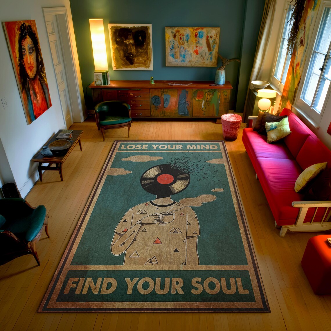 Modern Retro Vinyl-themed Area Rug, Inspirational Art Design for Living ...