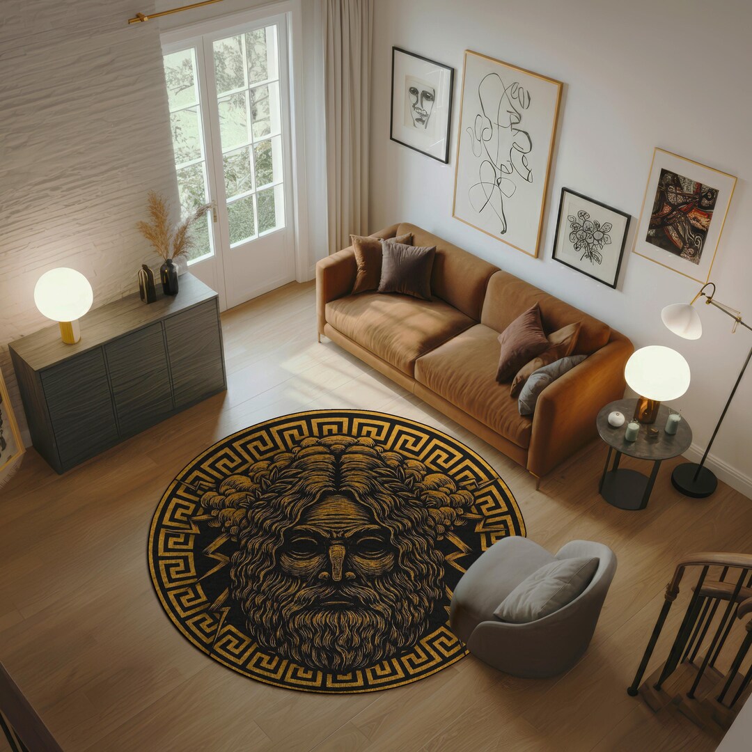 Zeus Round Rug: Gold & Black Greek Mythology Floor Mat - Etsy