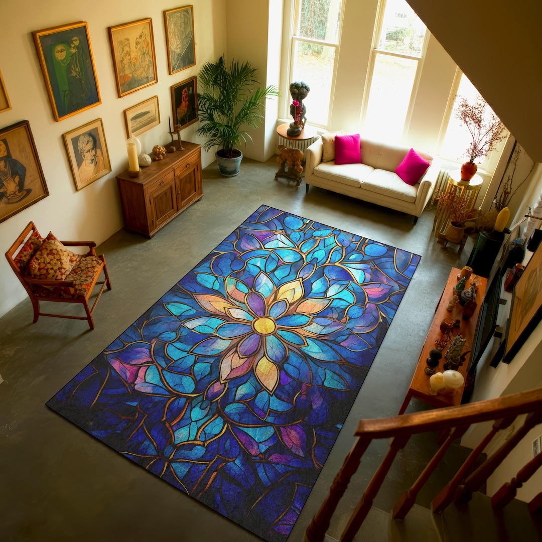 Stained Glass Rug - Vibrant Floral Design Area Rug, Artistic Floor ...