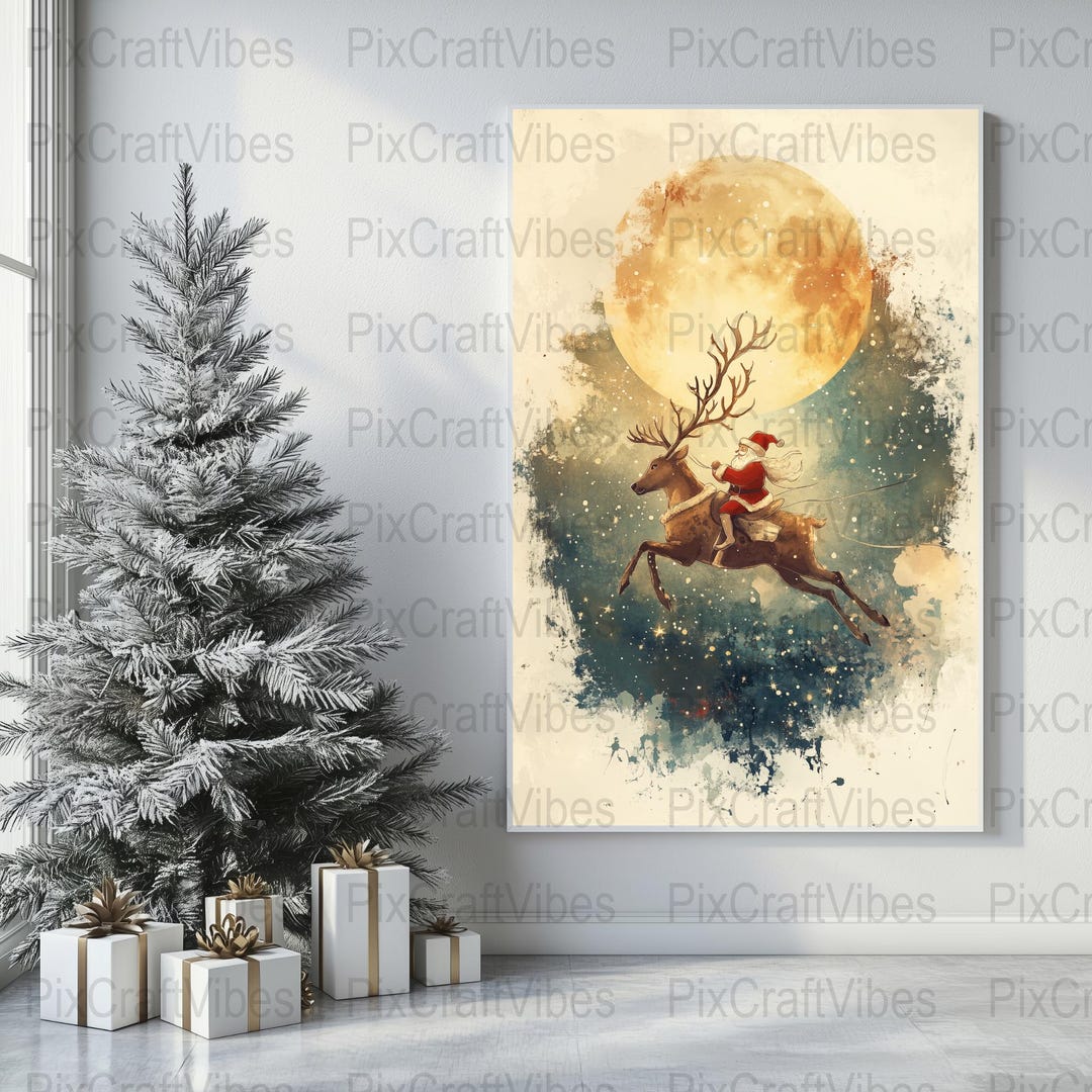 Christmas Wall Art Santa and Reindeer Winter Scene Holiday Decor ...