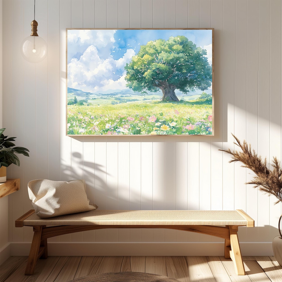 Beautiful Nature Landscape Wall Art, Tree in Meadow Print, Serene Green ...