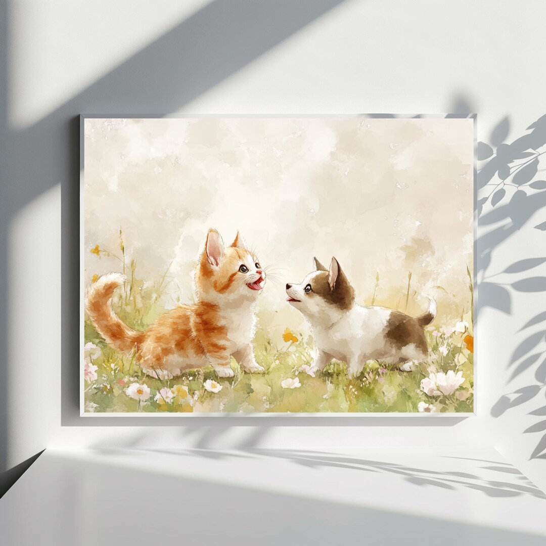 Cute Kitten Puppy Wall Art Print, Animal Lovers Nature Decor, Adorable ...