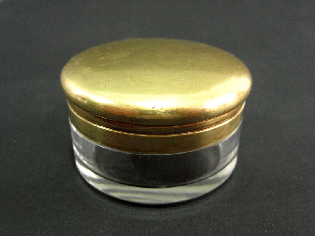 Antique Brass and Glass Small Round Jar / Vintage Pill or Trinket Box ...