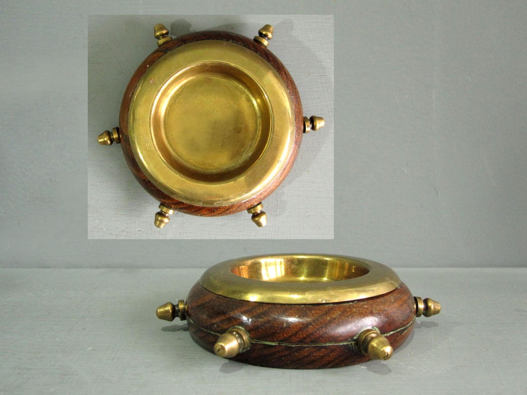 Vintage Ships Wheel Trinket Dish / Brass and Oak Wood Ashtray - Etsy