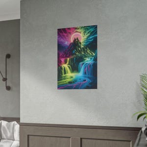 Neon Retro-futuristic 20x30 Matte Poster Vibrant Mountain & Waterfall ...