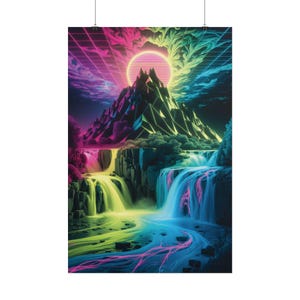 Neon Retro-futuristic 20x30 Matte Poster Vibrant Mountain & Waterfall ...