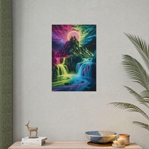 Neon Retro-futuristic 20x30 Matte Poster Vibrant Mountain & Waterfall ...