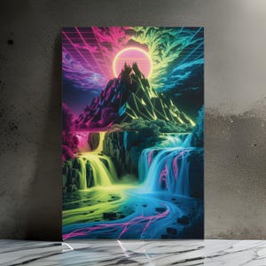 Neon Retro-futuristic 20x30 Matte Poster Vibrant Mountain & Waterfall ...