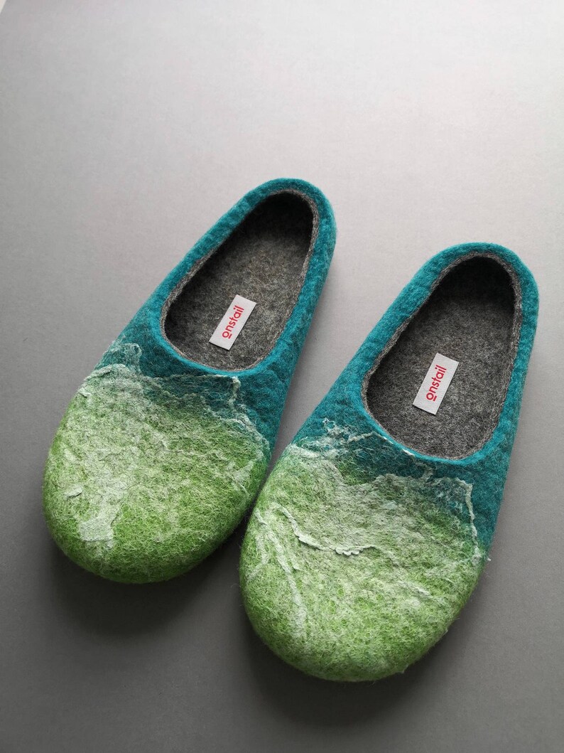 Felted Wool Slippers: Ocean Green, Handcrafted Cozy Home Shoes - Etsy