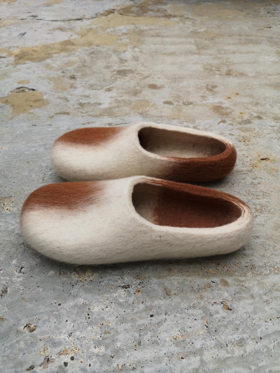 Felted Wool Cow Skin Slippers in Natural White and Brown Colours Made ...