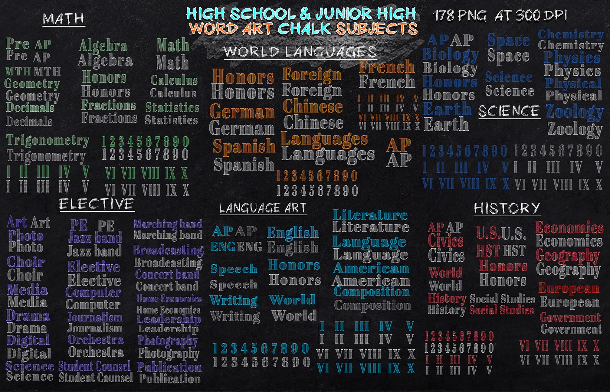788 Chalkboard High School & Junior High Elements/clipart, Word Art ...
