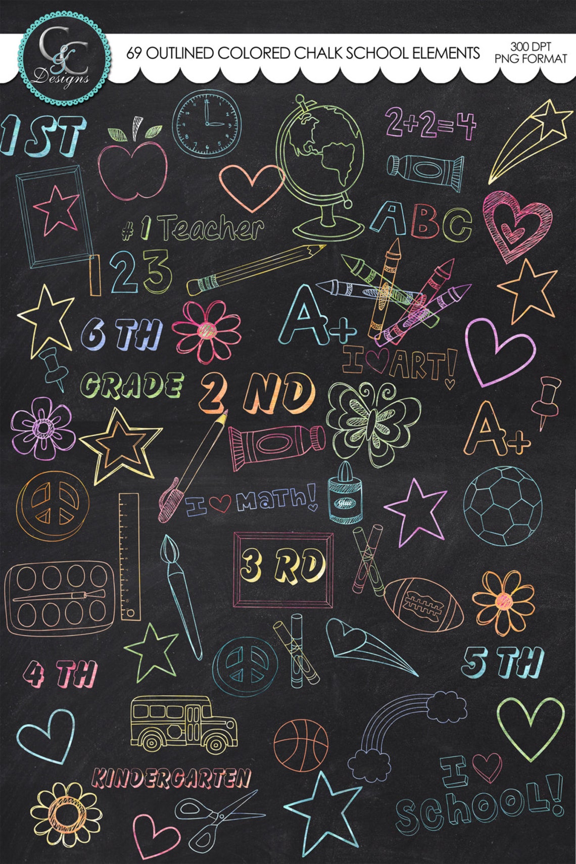 155 Colored Chalk School Elements/clipart **** Instant Download**** - Etsy