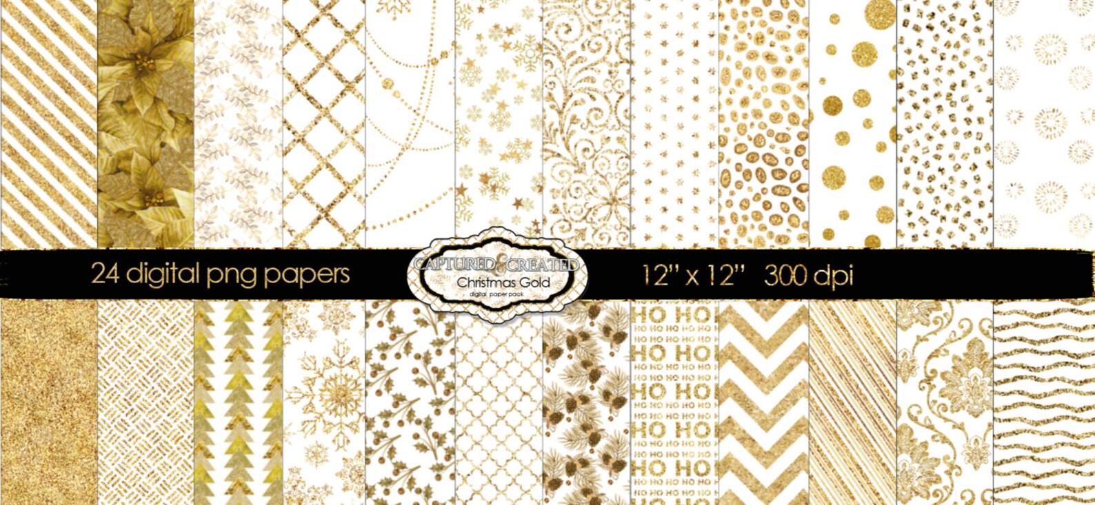 24 Christmas Gold Decorative Digital Papers Collection- Scrapbook ...