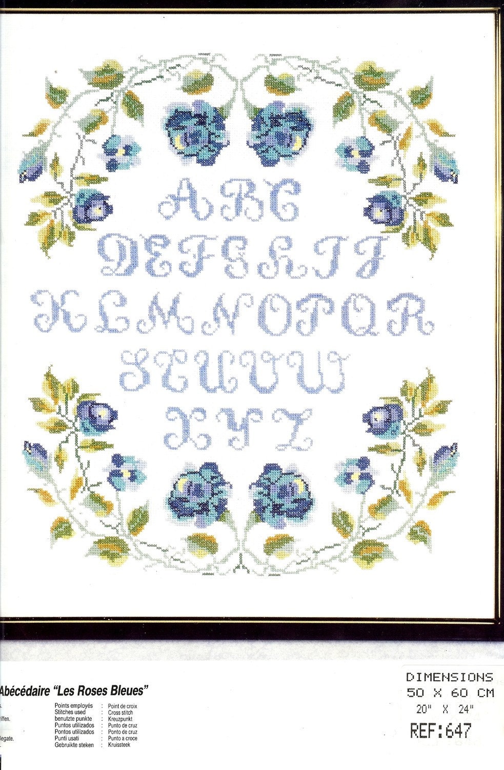Blue Roses Alphabet Sampler Cross Stitch Kit by Princesse. 20"x24 ...