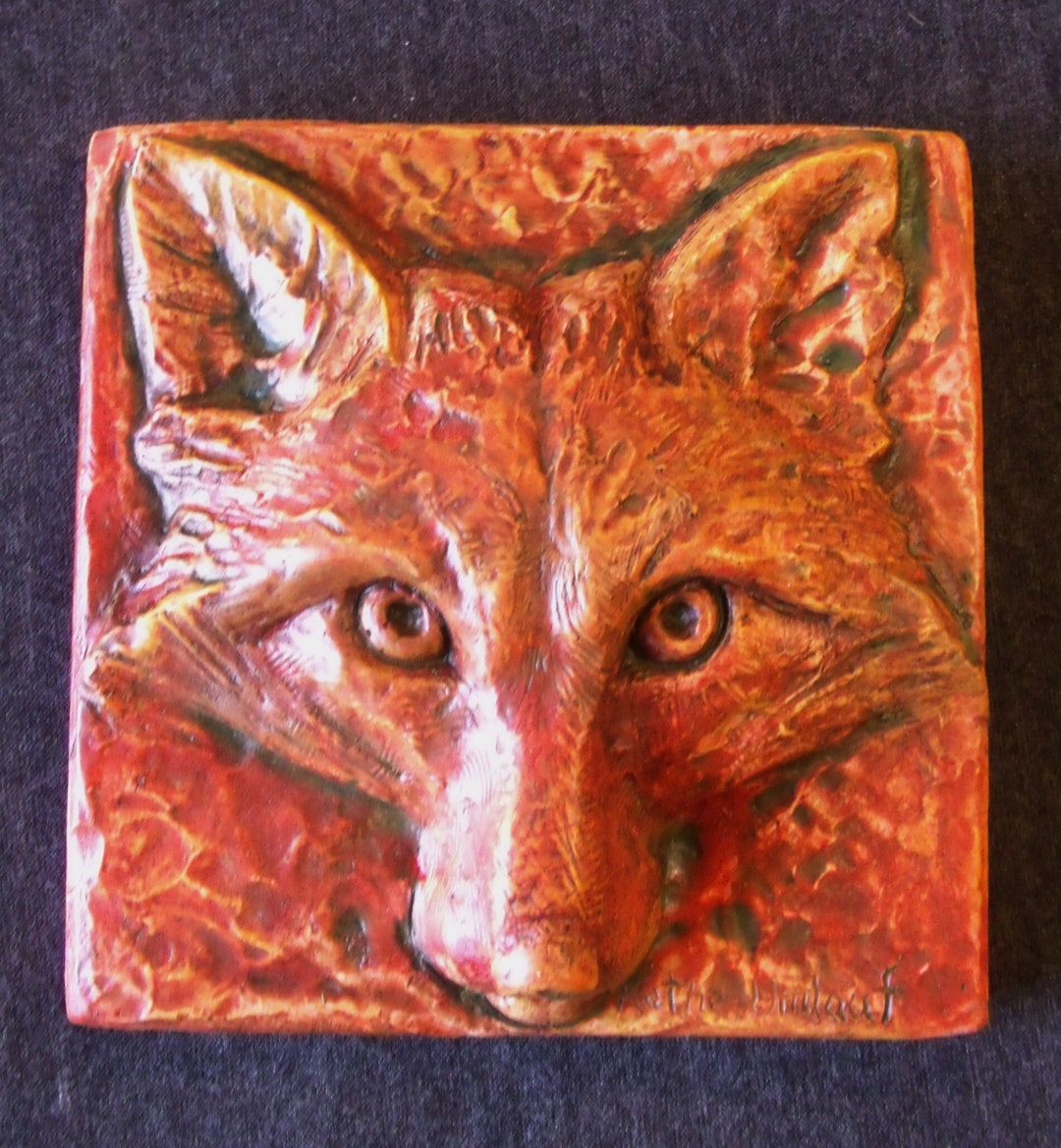 Art Tile FOX Face Square Sculpture Bas Relief Hydrostone Burnt Orange 5 ...