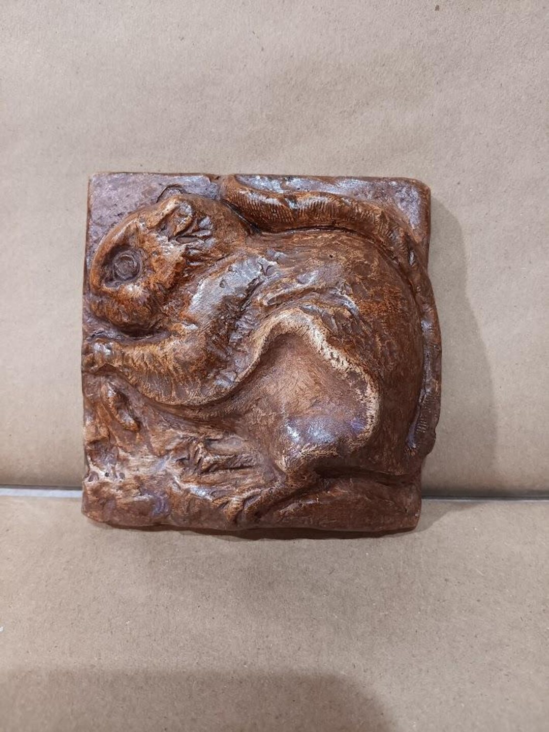 Flying Squirrel, Art Tile Sculpture, Bas Relief, Solid Brown Hydrostone ...