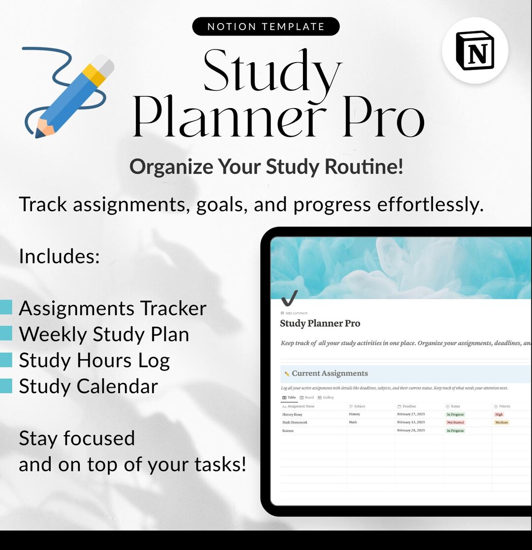 Study Planner Notion Template: Organize Assignments, Track Study Hours, Manage Deadlines & Boost ...