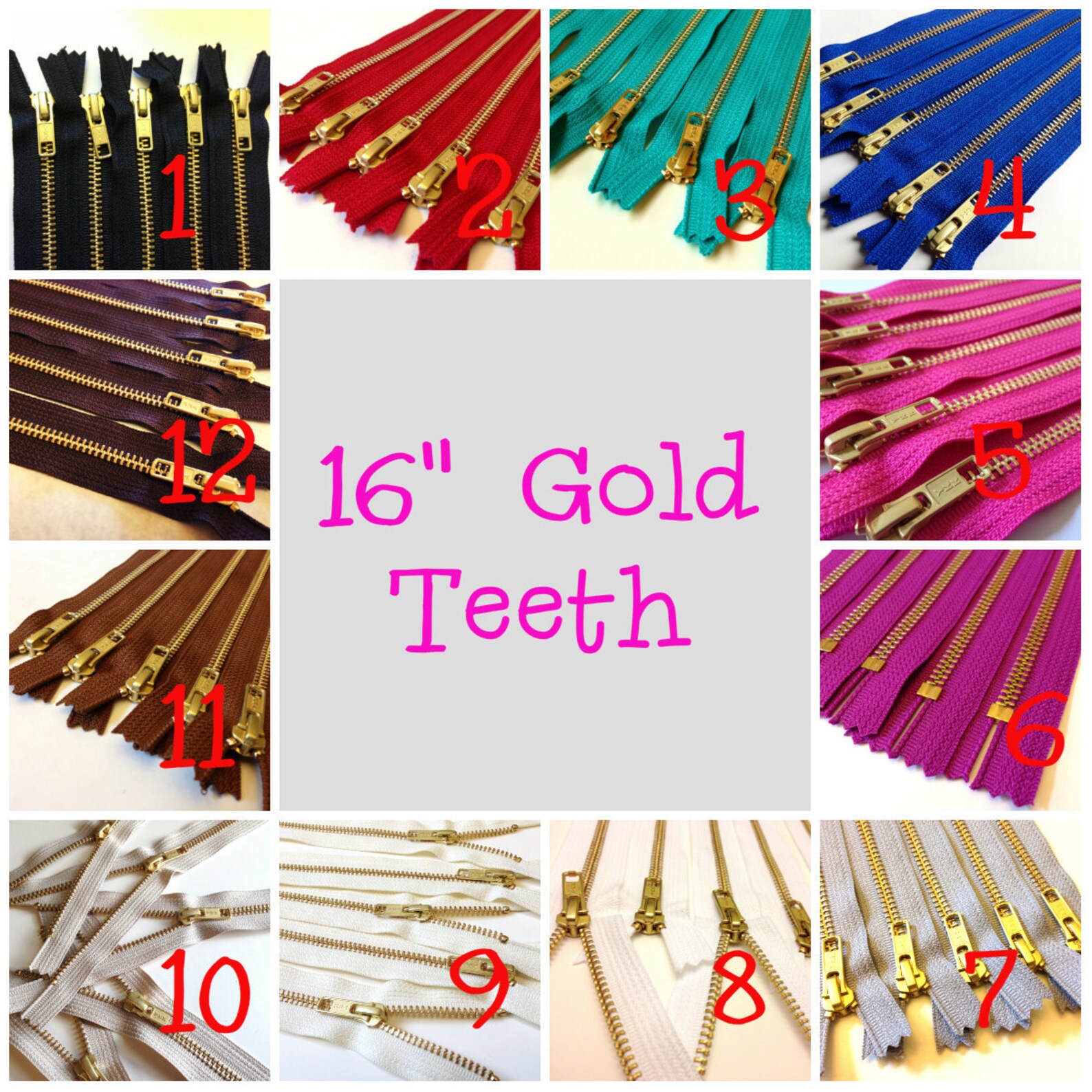 16 inch metal zippers gold teeth Choose TEN pcs grey | Etsy