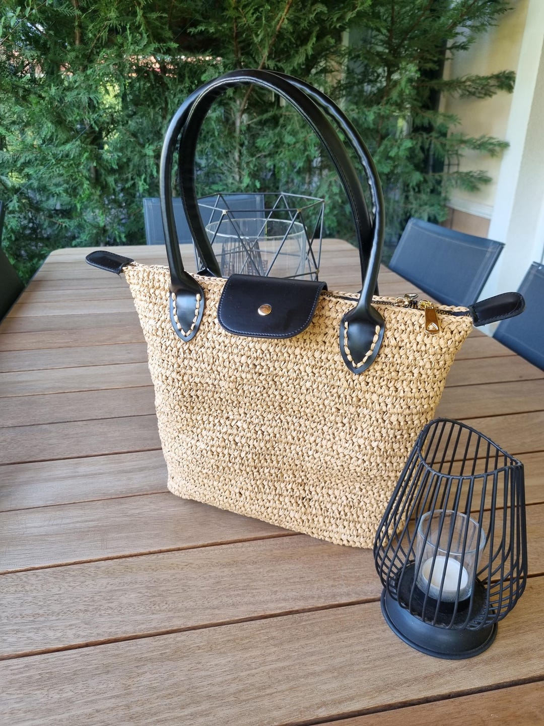 Handmade Medium Longchamp Raffia Bag, Woven Straw Tote Bag, Summer ...