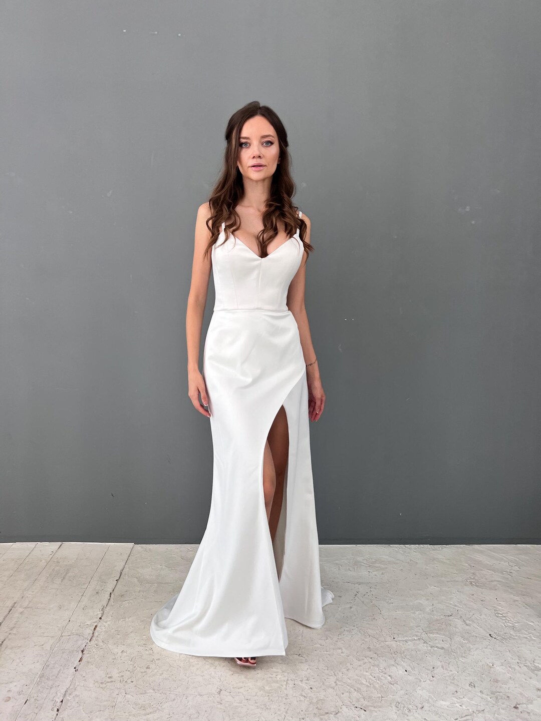 Sheath Wedding Dress With a Slit, Satin Long Dress, Civil Wedding Dress ...