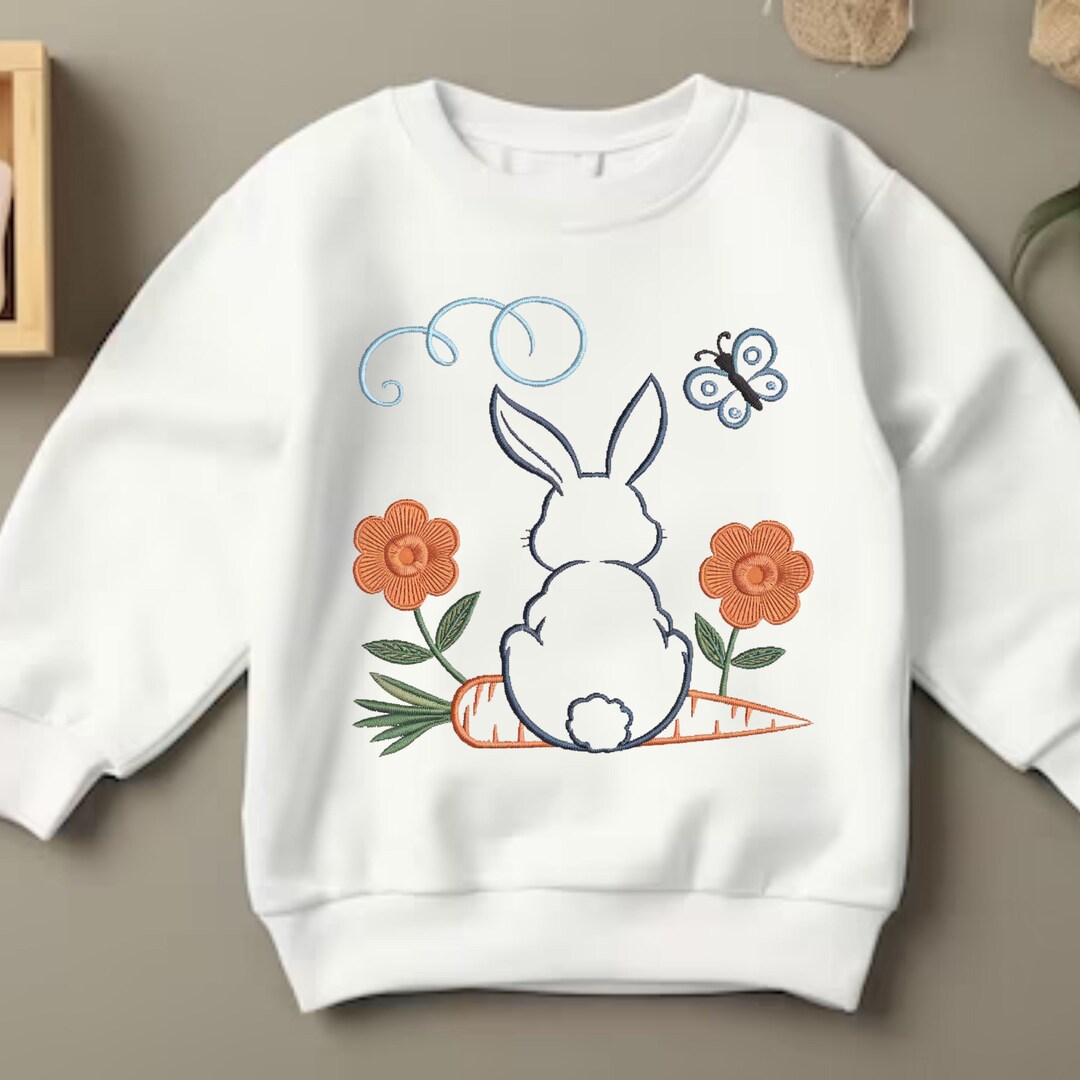 Easter Bunny Backside With Carrot & Flowers Machine Embroidery Design for Sweatshirts - Perfect ...