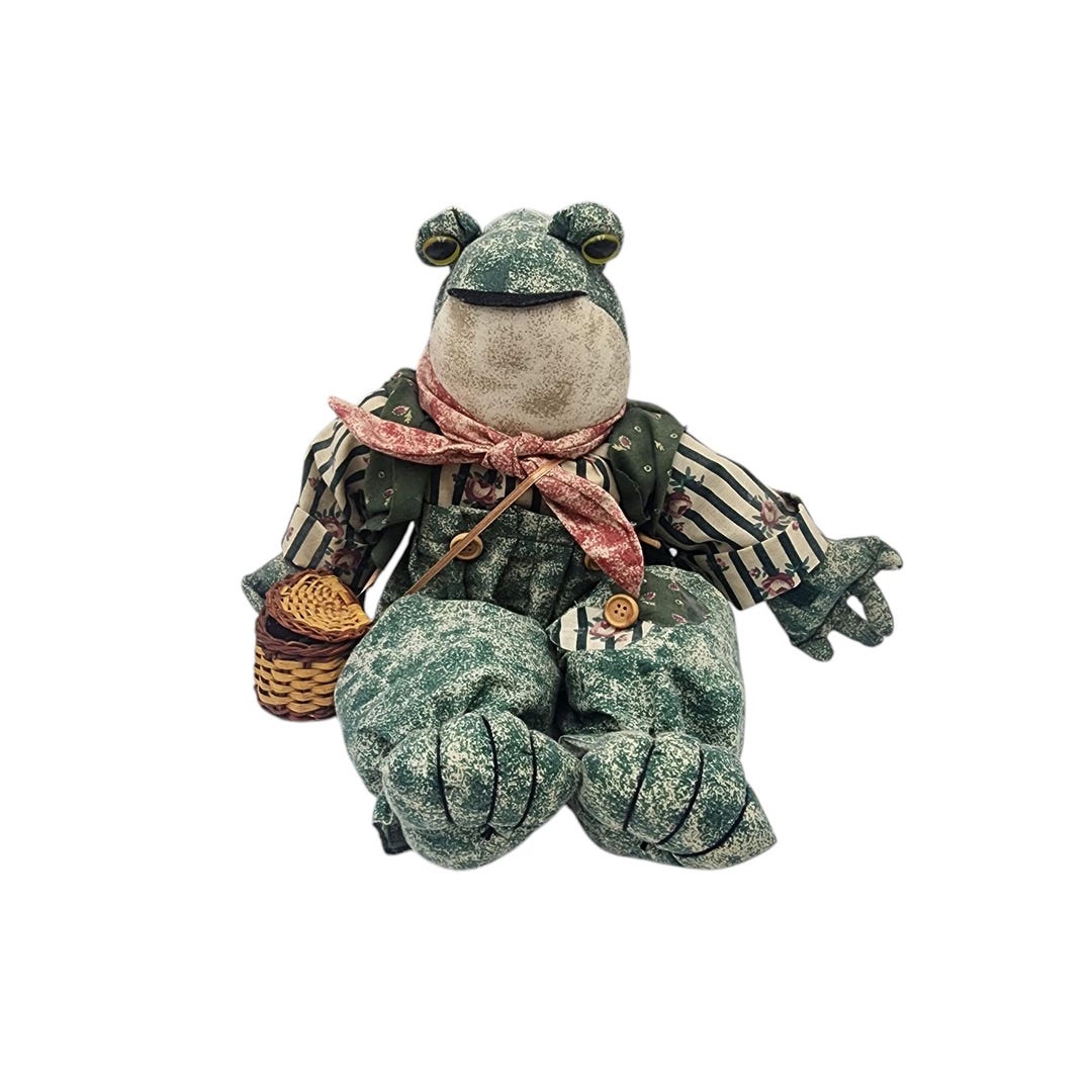 Vintage Folk Art Anthropomorphic Cloth Overalls 15" Frog Froggy Fishing ...