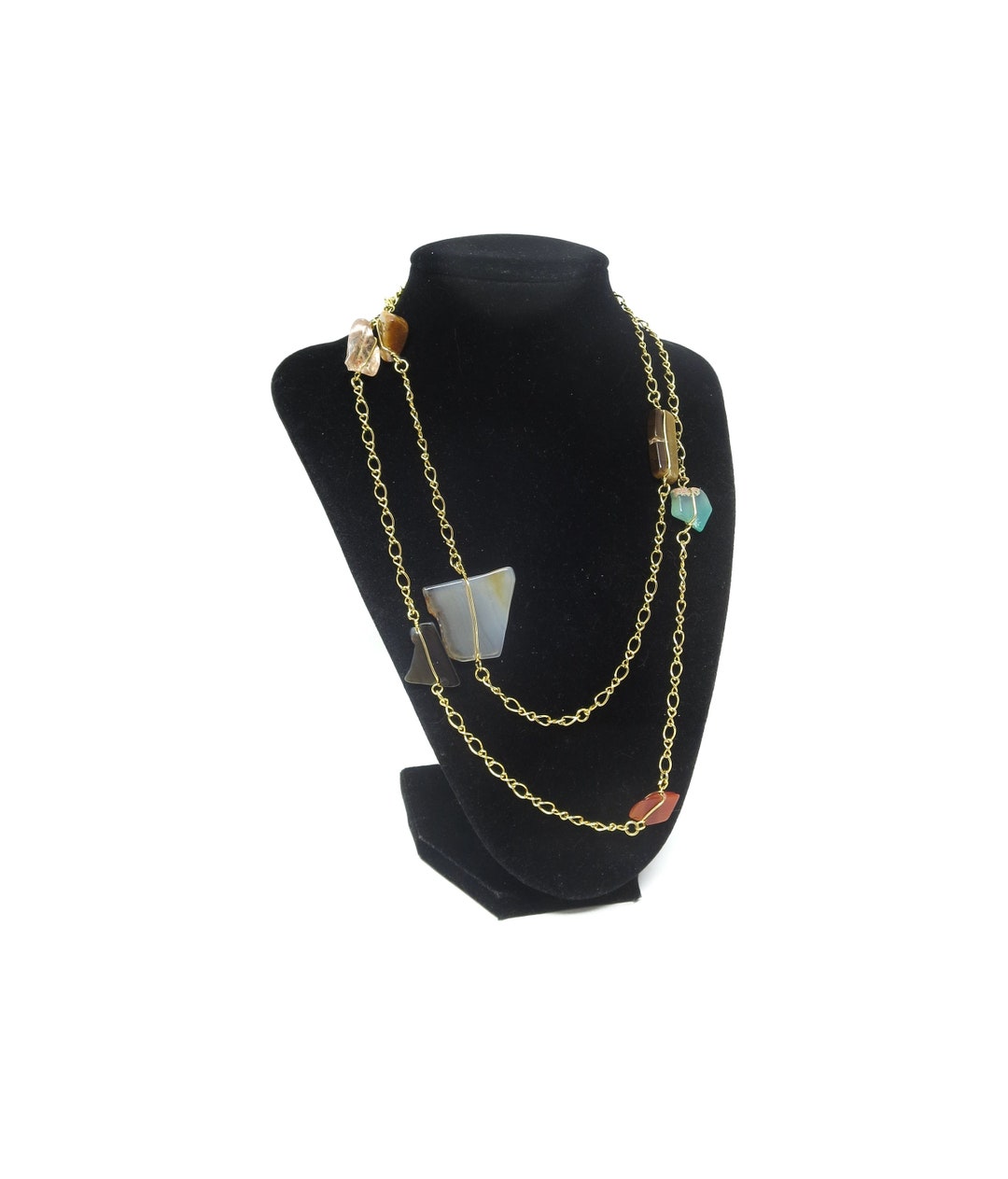 Vintage Handmade Natural Polished Wire Wrapped Stone / Rock Gold Chain ...