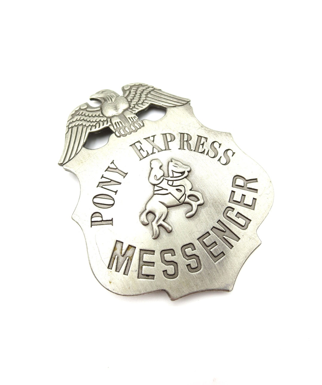 Vintage Silver Tone Pony Express Messenger Cowboy Horse Eagle 2.75 ...